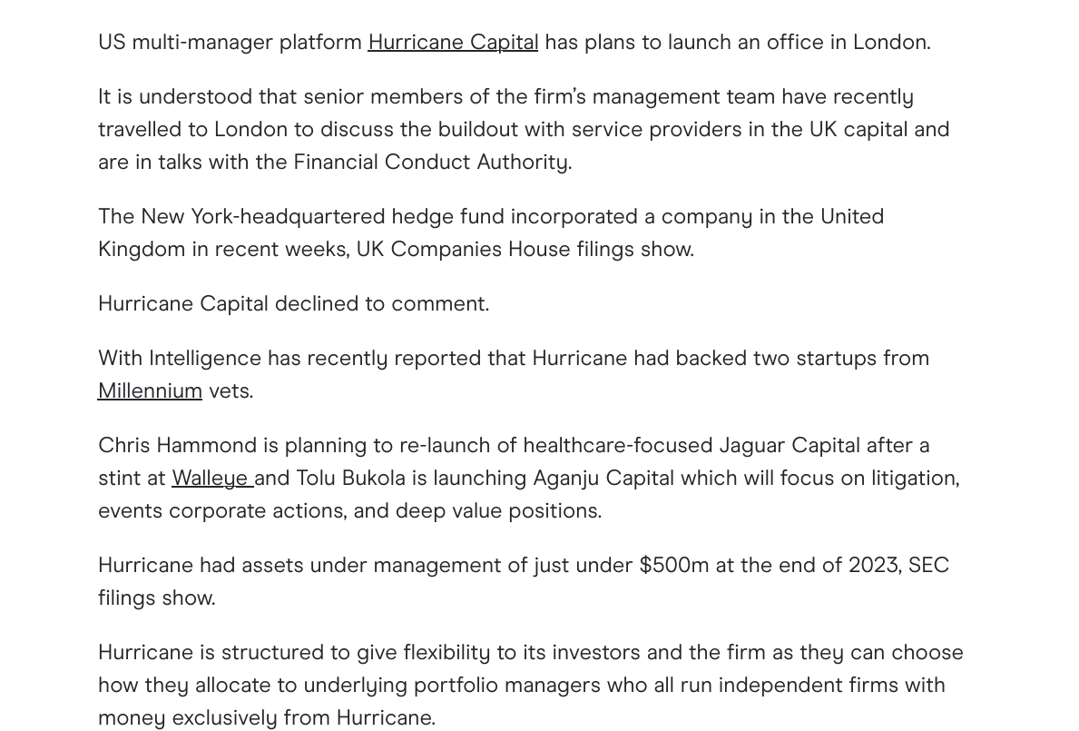 US Platform Hurricane Capital Eyes London Hub - Hurricane Capital